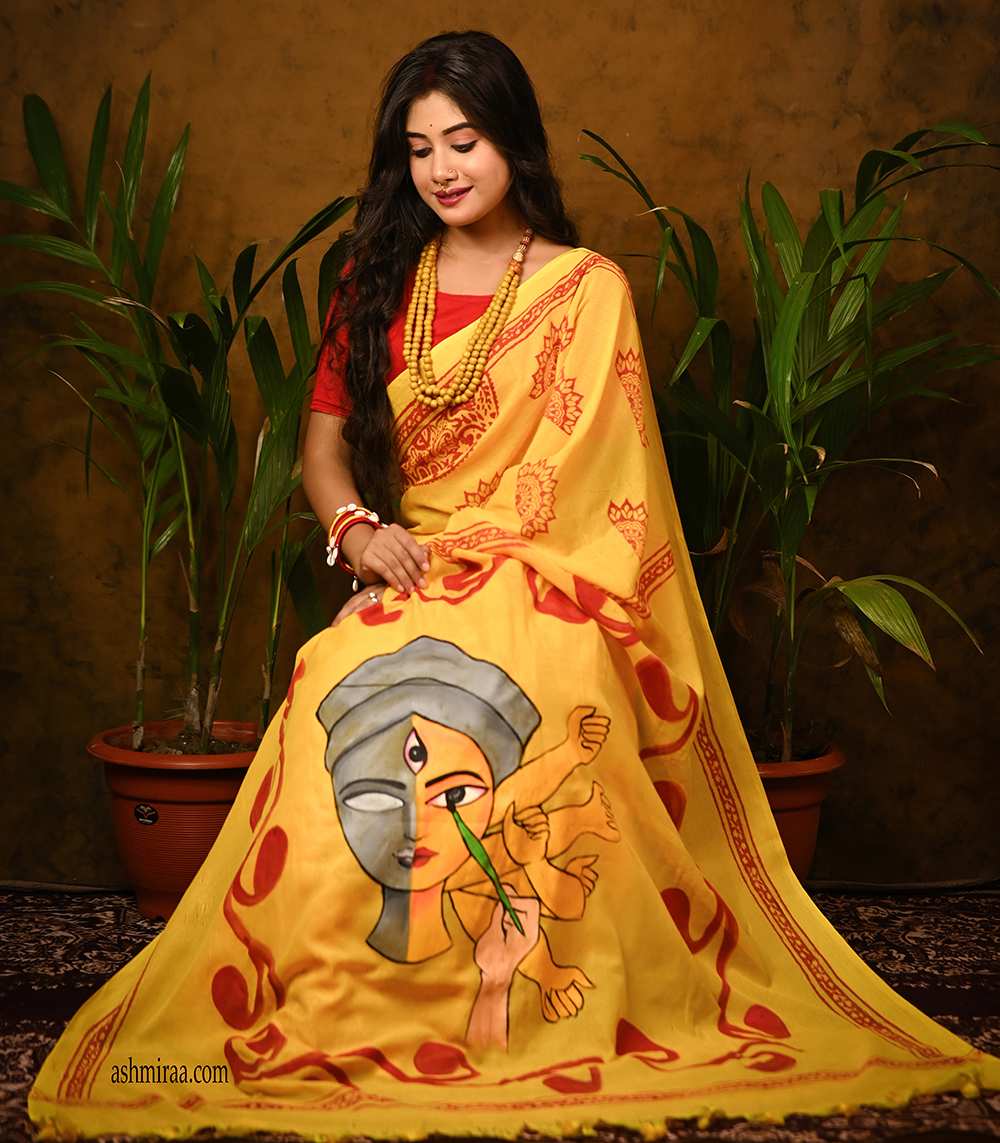 Pure Khadi Cotton Yellow Saree With Bengali Festive Theme Block Prints